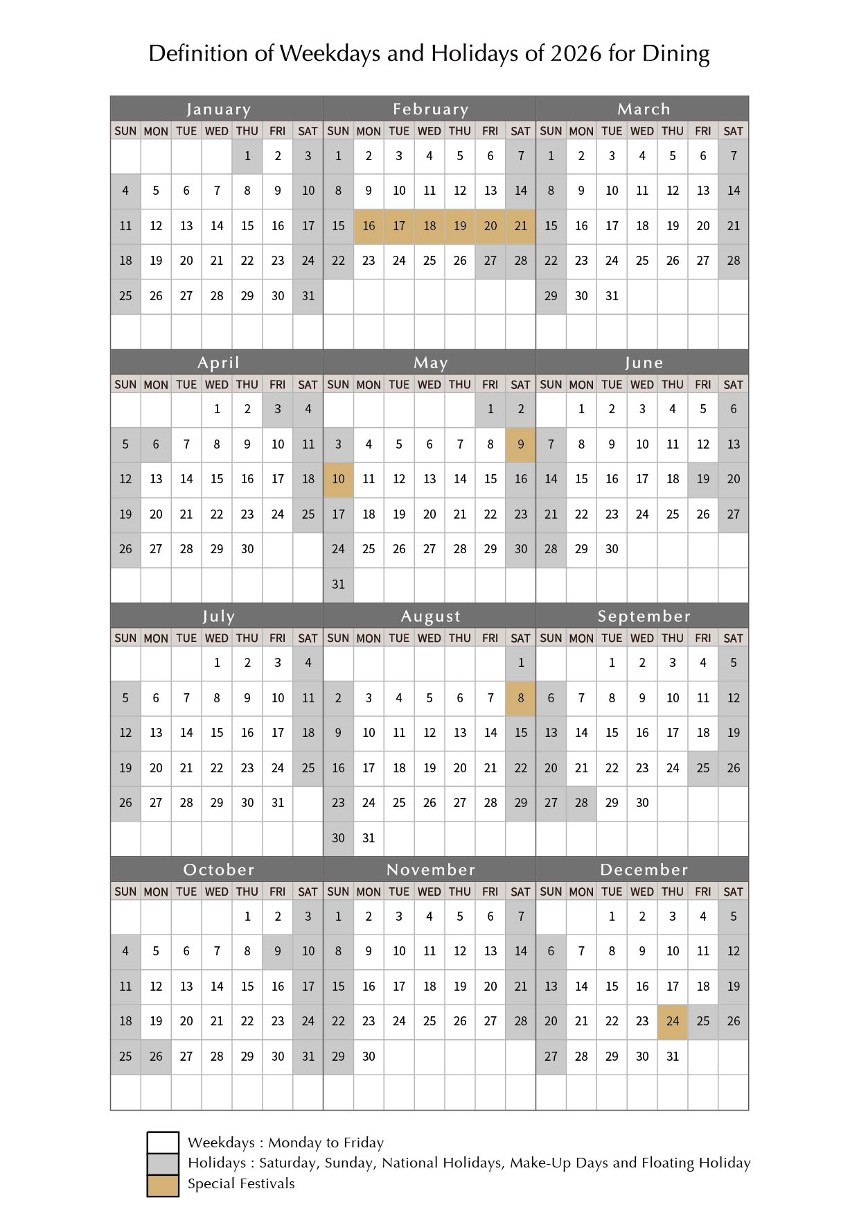 Definition of Weekdays amd Holidays of 2026 for Dining - Lakeshore ...